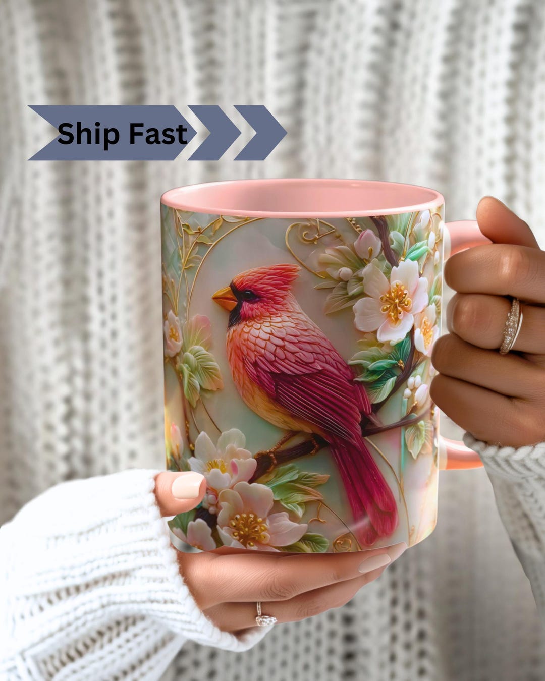 3D Relief Northern Cardinal Mug, Red Bird Floral Ceramic Cup, Nature ...