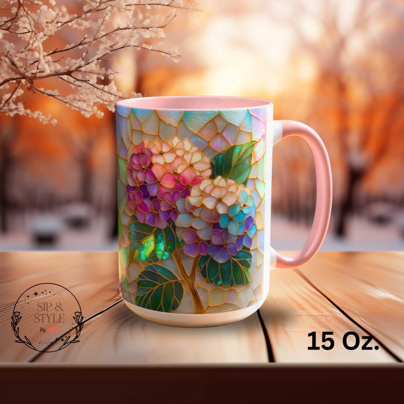 Hydrangea Stained Glass Print Mug: Botanical Garden Art, Iridescent ...