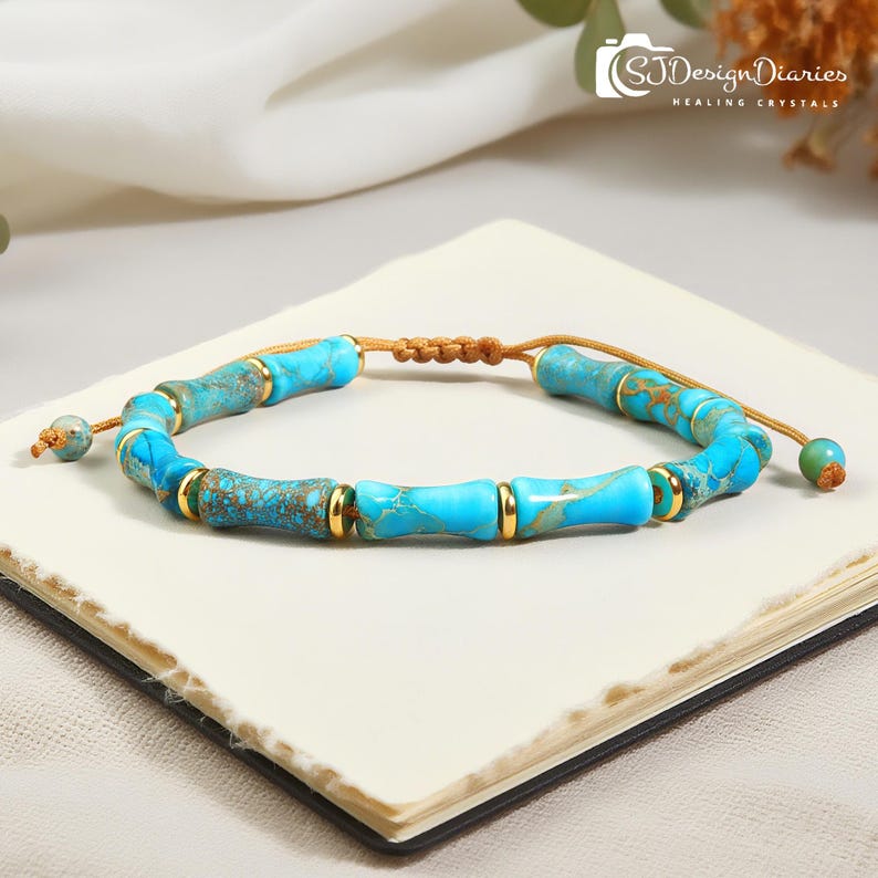Blue Sea Sediment Jasper Bamboo Bracelet: Boho Healing Stone Jewelry - Etsy