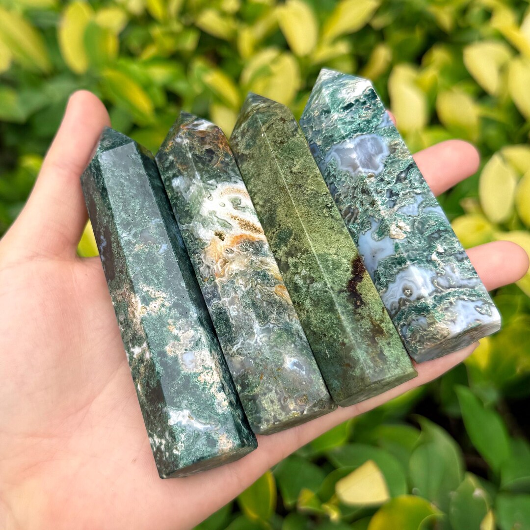 Natural Moss Agate Tower Obelisk | Druzy Mocha Stone Point | Root ...