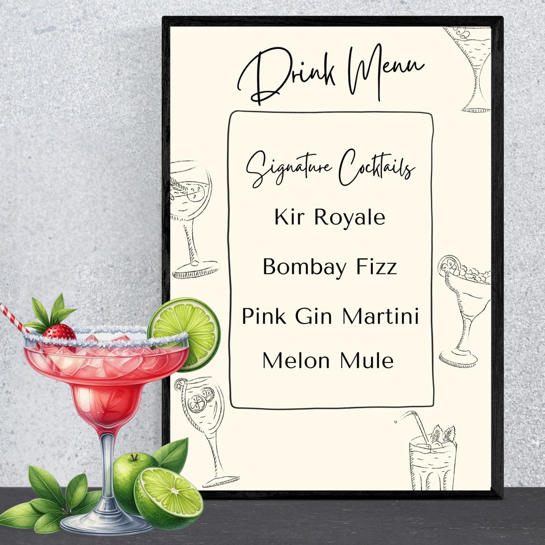 Editable Minimalist Signture Cocktail Menu Template Hand-drawn Modern ...