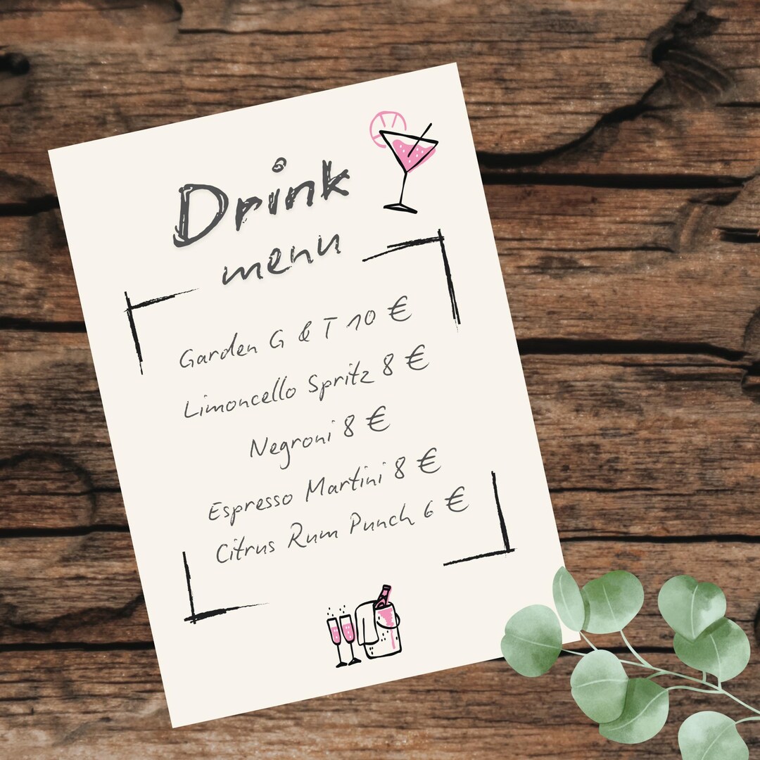Rustic Drink Menu Printable Handwritten Editable Cocktail Template ...