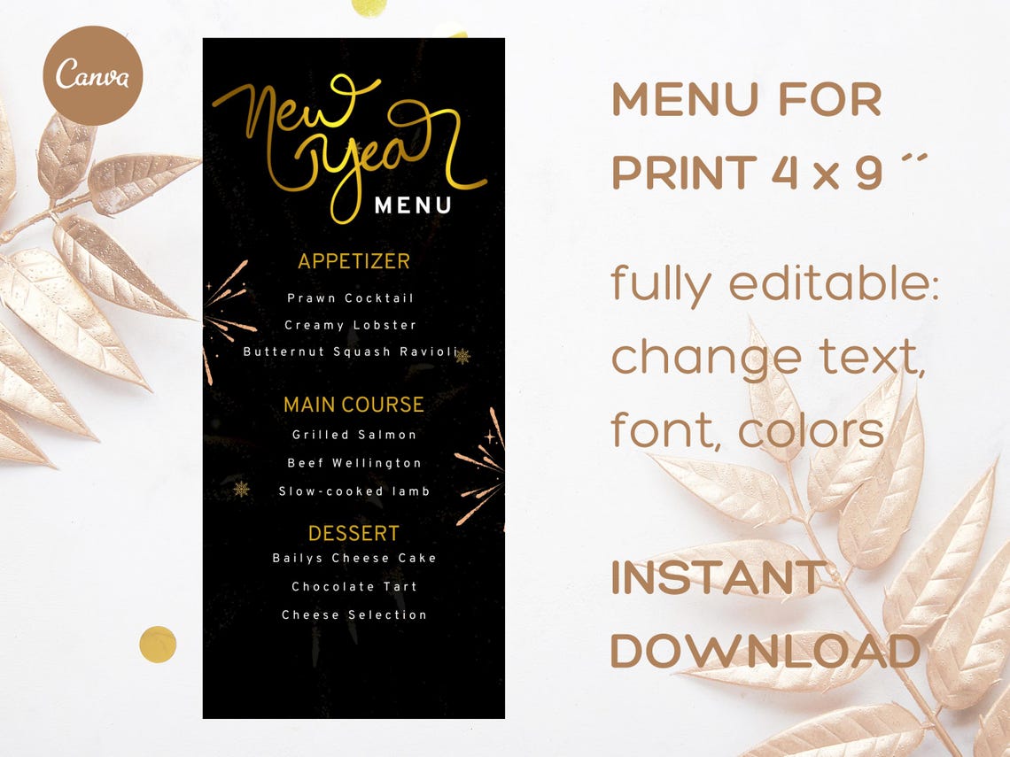 Elegant New Years Menu Card Aesthetic Editable Menu Template ...