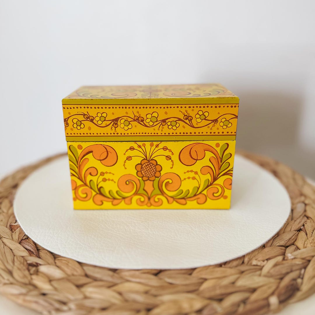 Vintage Avon Recipe Box 1970s Floral Yellow & Orange Tin MCM 3x5 Recipe ...