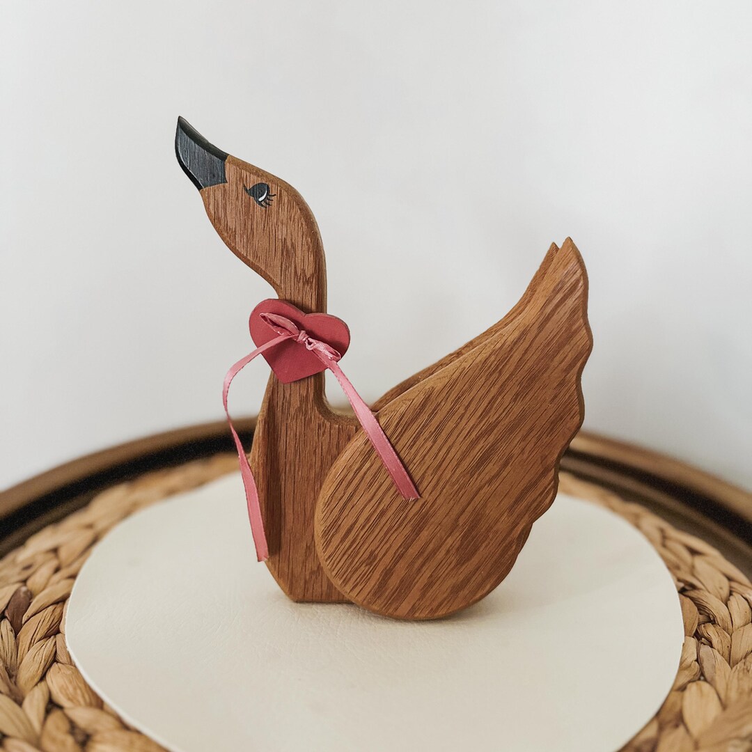 Solid Oak Swan Figurine | Dusty‑rose Heart & Ribbon Detail ...