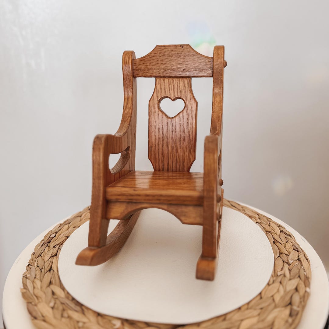 Vintage Solid Oak Doll Rocking Chair Handmade Wooden Miniature Rocker ...