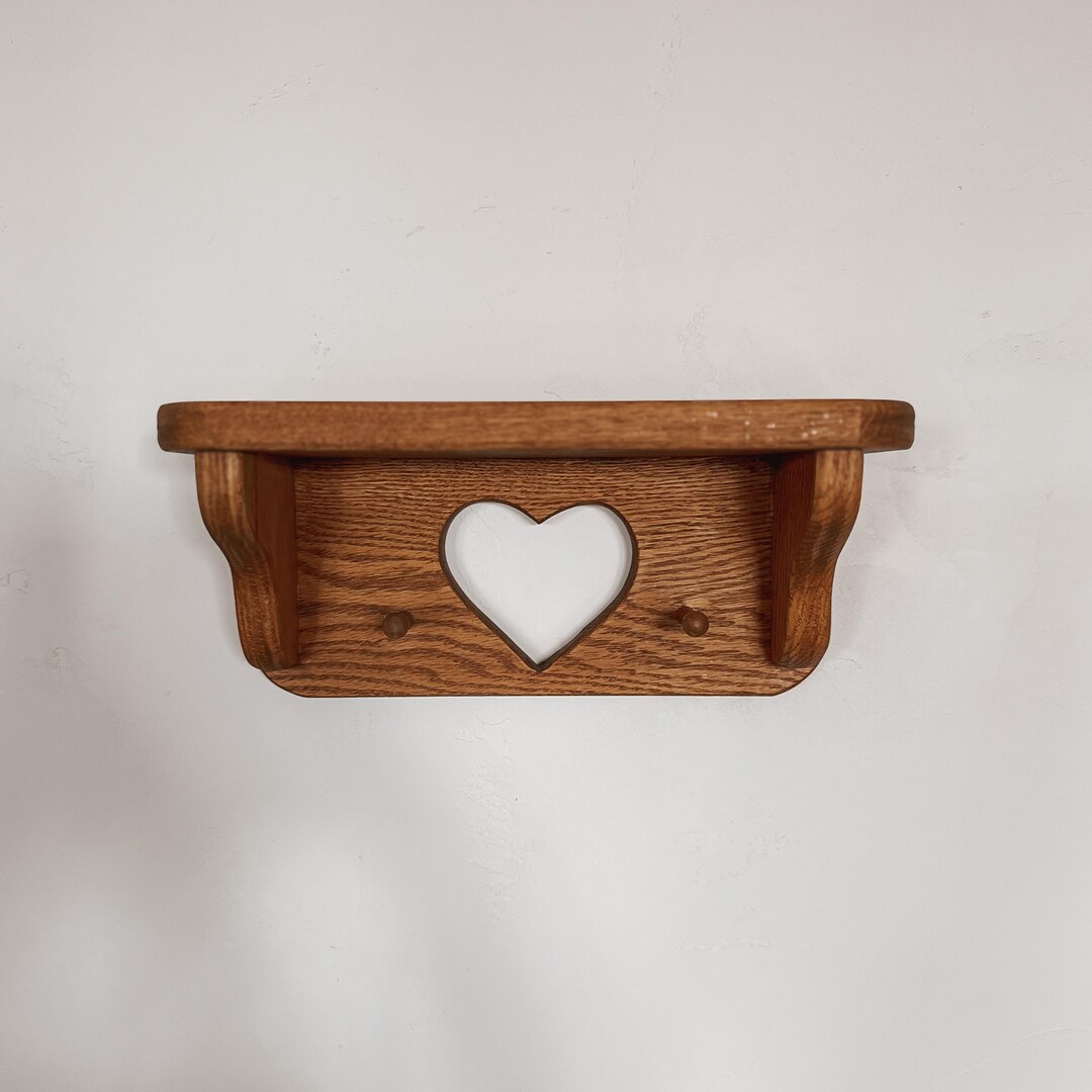 Vintage Solid Oak Heart Cutout Shelf With Pegs | Handcrafted ...