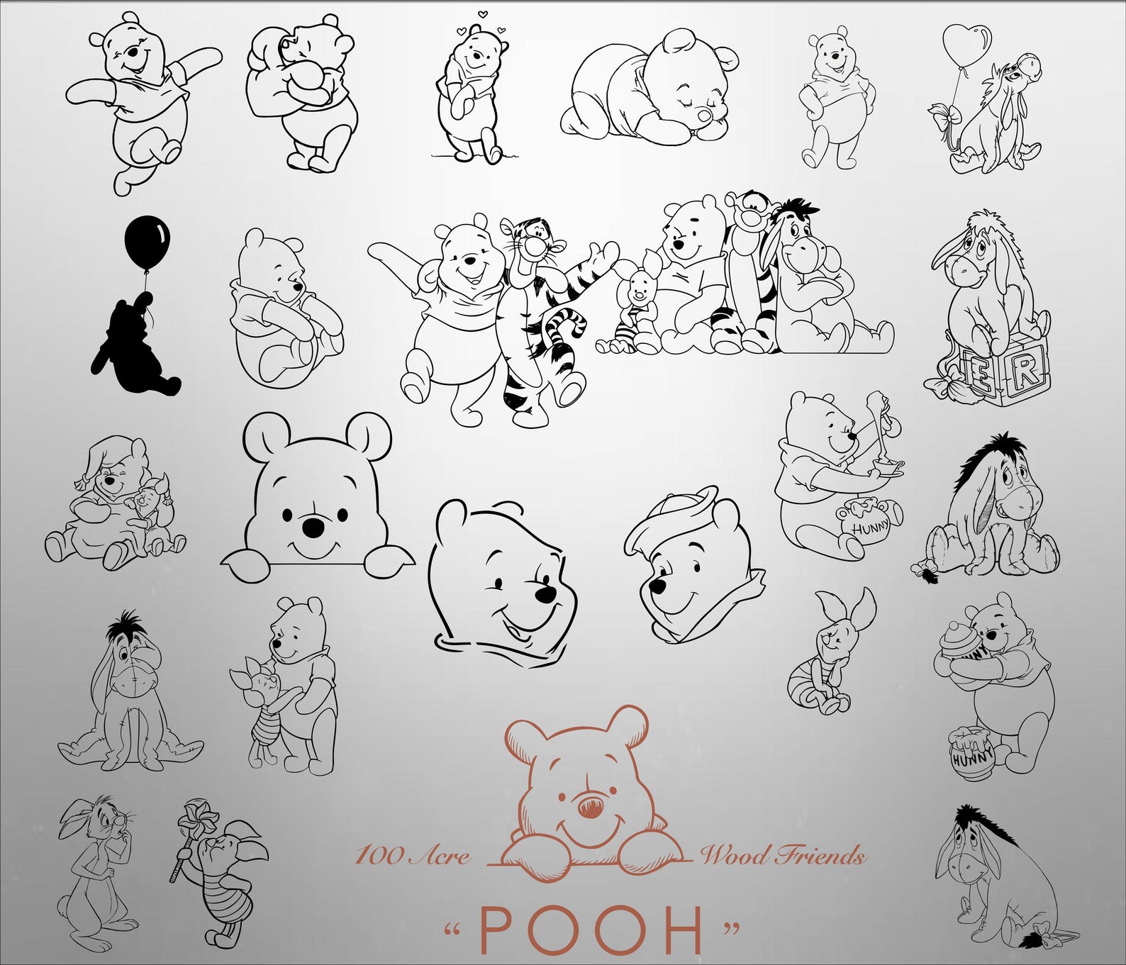 Winnie the Pooh Line Art Clipart: Iconic Scenes SVG Bundle (digital ...