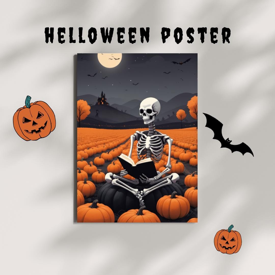 Helloween Wall Poster With Skeleton in the Pumpking Field - Etsy