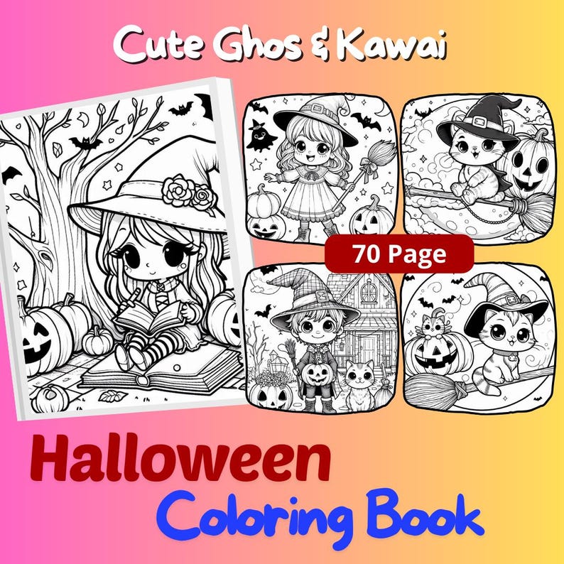 70 Halloween Coloring Book, Halloween Coloring Pages for Kids, Kawaii ...