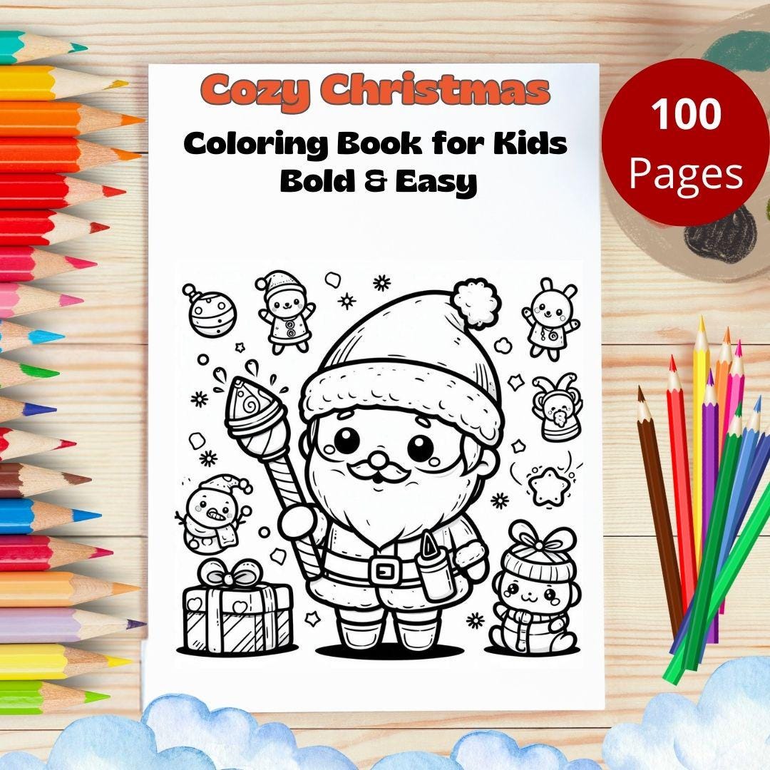100 Pages Christmas Coloring Book, Printable Bold Easy Holiday Coloring ...