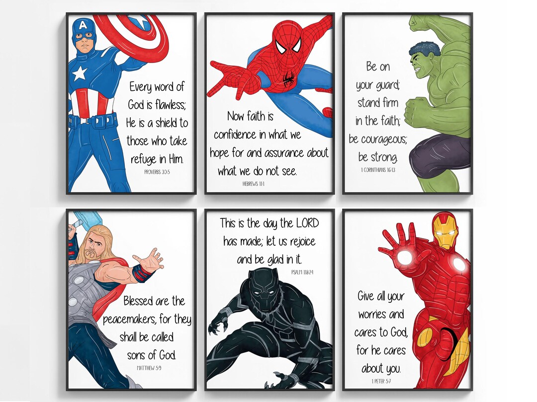 Superhero Inspired Wall Art With Bible Verses, Set of 6 Prints, Kids ...