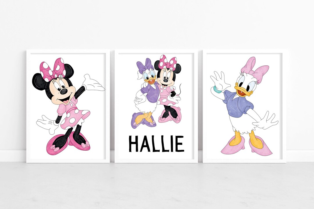 Minnie & Friend Personalised Name Wall Art, Set of 3 Playroom Prints ...