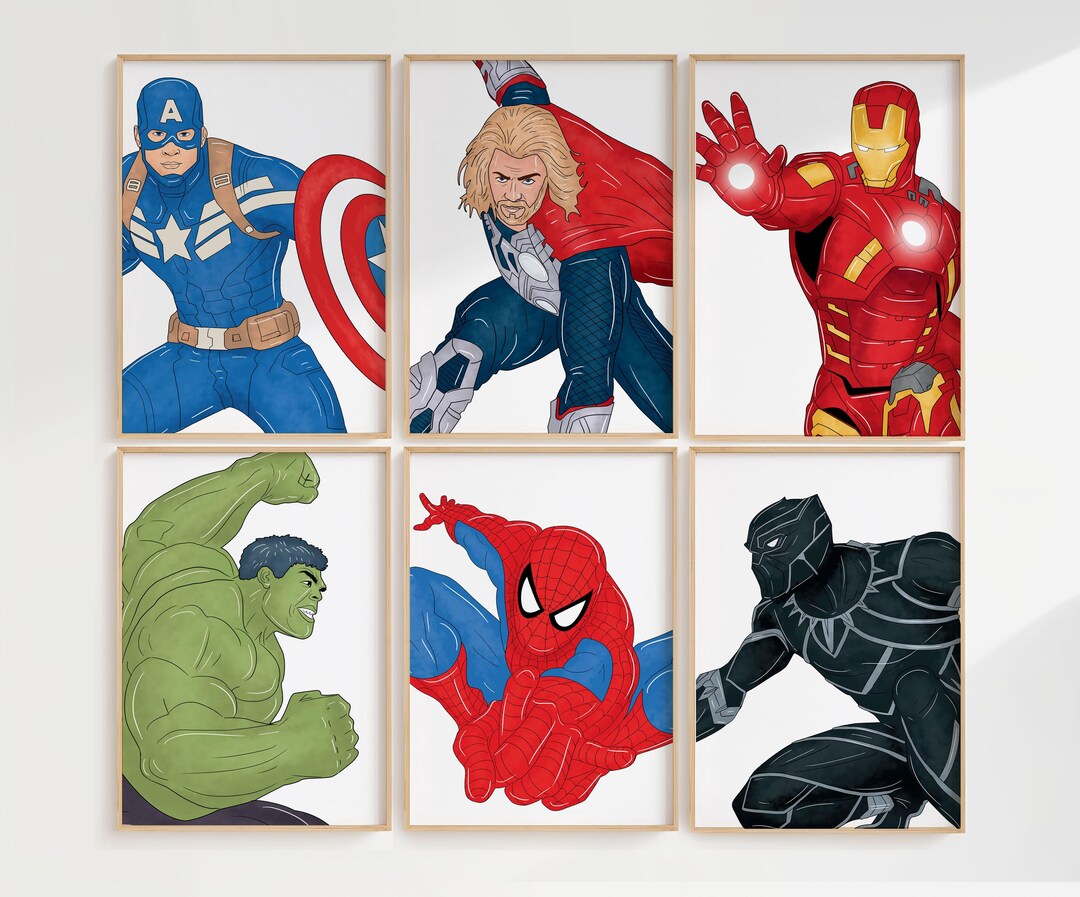Set of 6 Vibrant Superheroes Prints, Boys Bedroom Decor, Playroom Wall ...