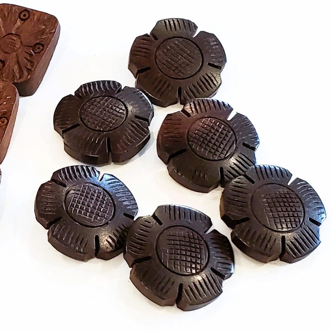 Vintage Carved Wood Flower Buttons: Sewing & Knitting Embellishments ...
