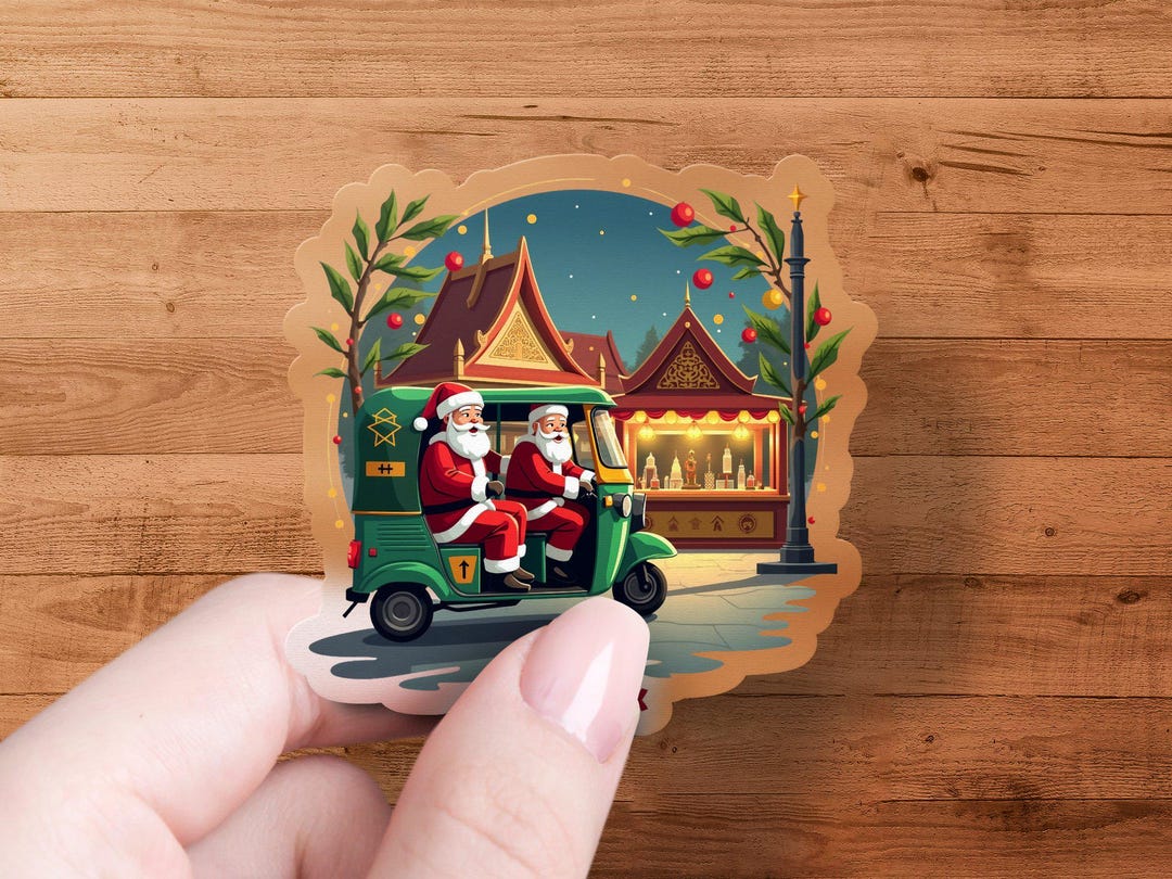 Christmas Santa Tuk Tuk Sticker Bangkok Holiday Decor Cute Illustration ...