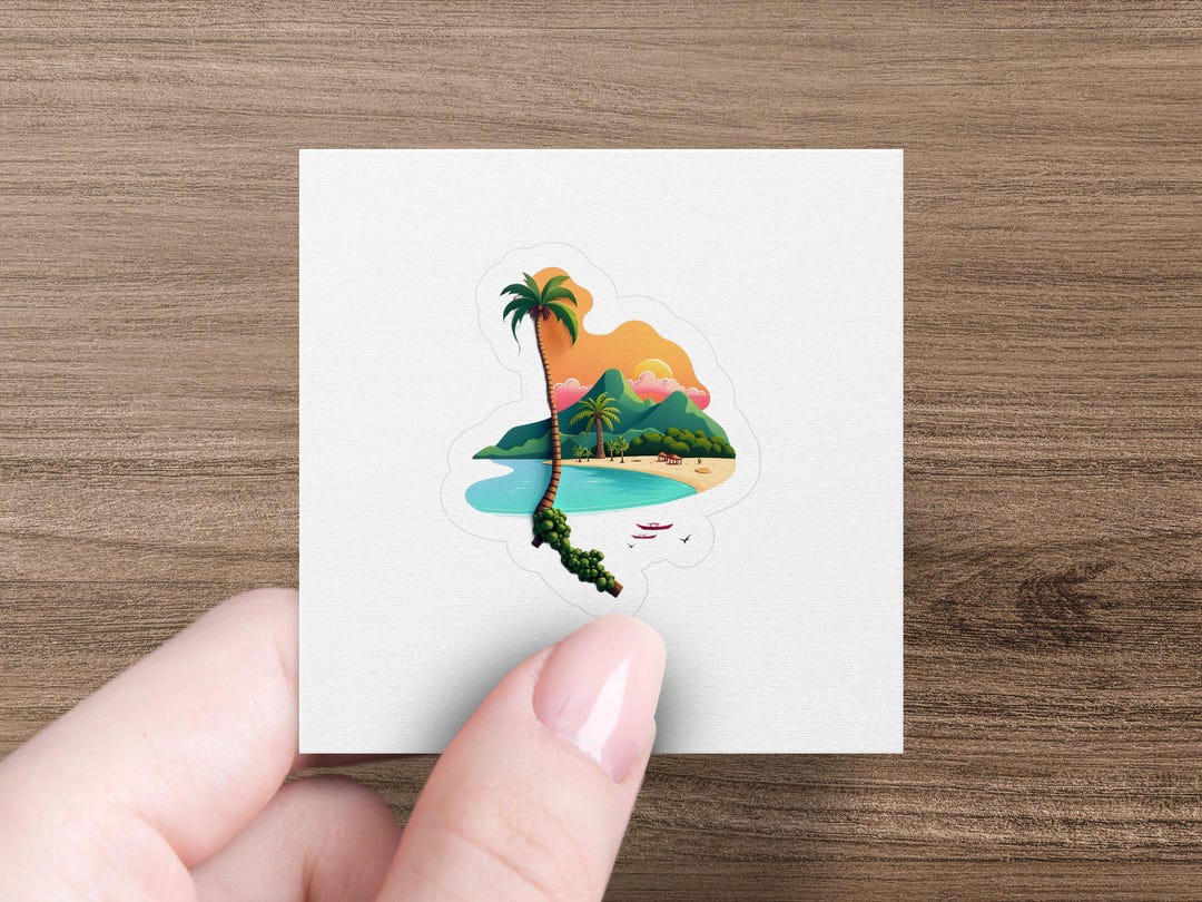 Tropical Island Beach Sticker, Palm Tree, Mountain Scene, Phuket Travel ...