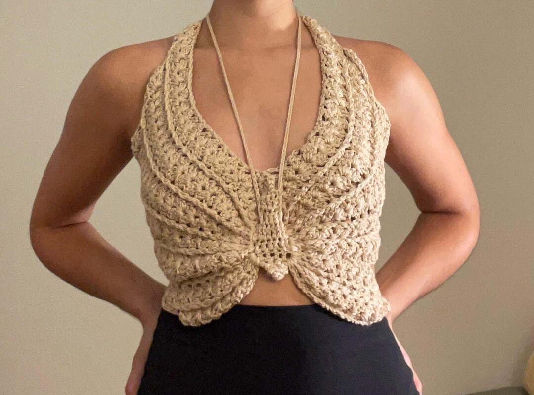Handmade Crochet Butterfly Halter Top, Boho Festival Crop Top, Handmade ...