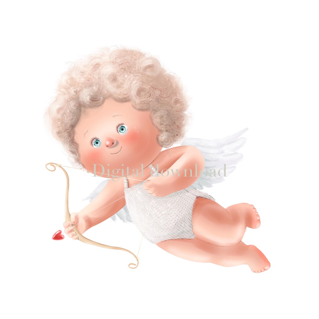 Cute Angel Shooting an Arrow With a Heart, Curly Angel, Printable Wall ...