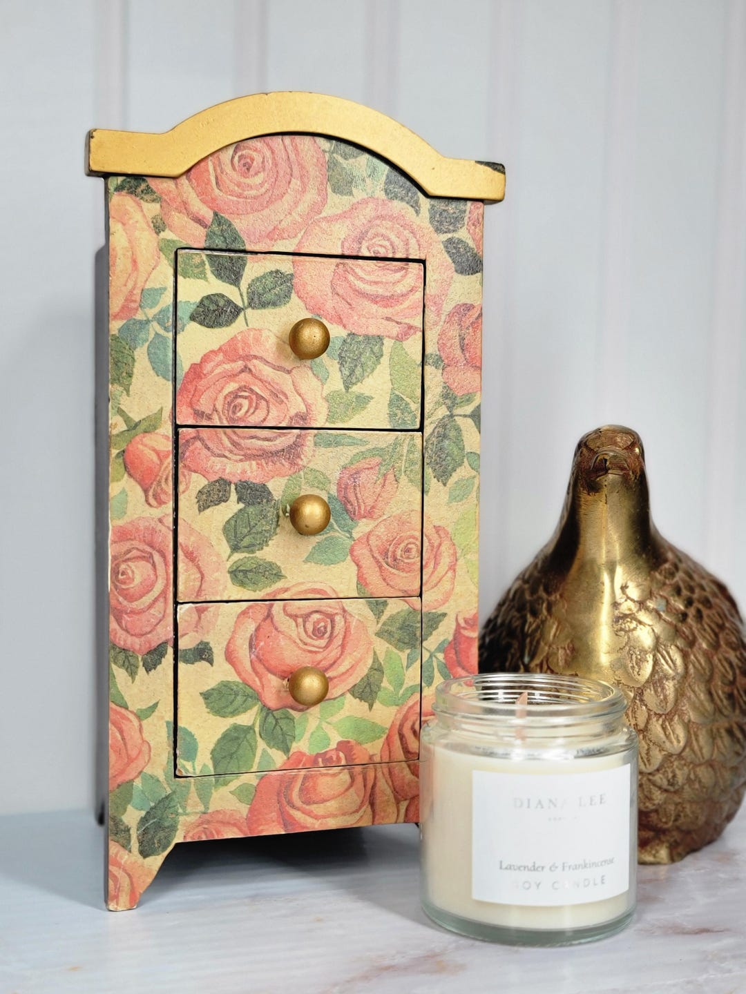 Vintage Cottagecore Rose Garden Jewelry Armoire | 3-drawer Mini Chest ...