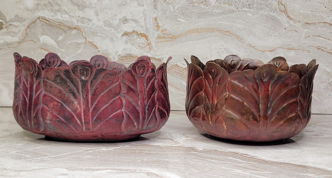 Vintage Embossed Red Metal Brass Leaf Bowls – Set of 2 Ornate Cachepots ...
