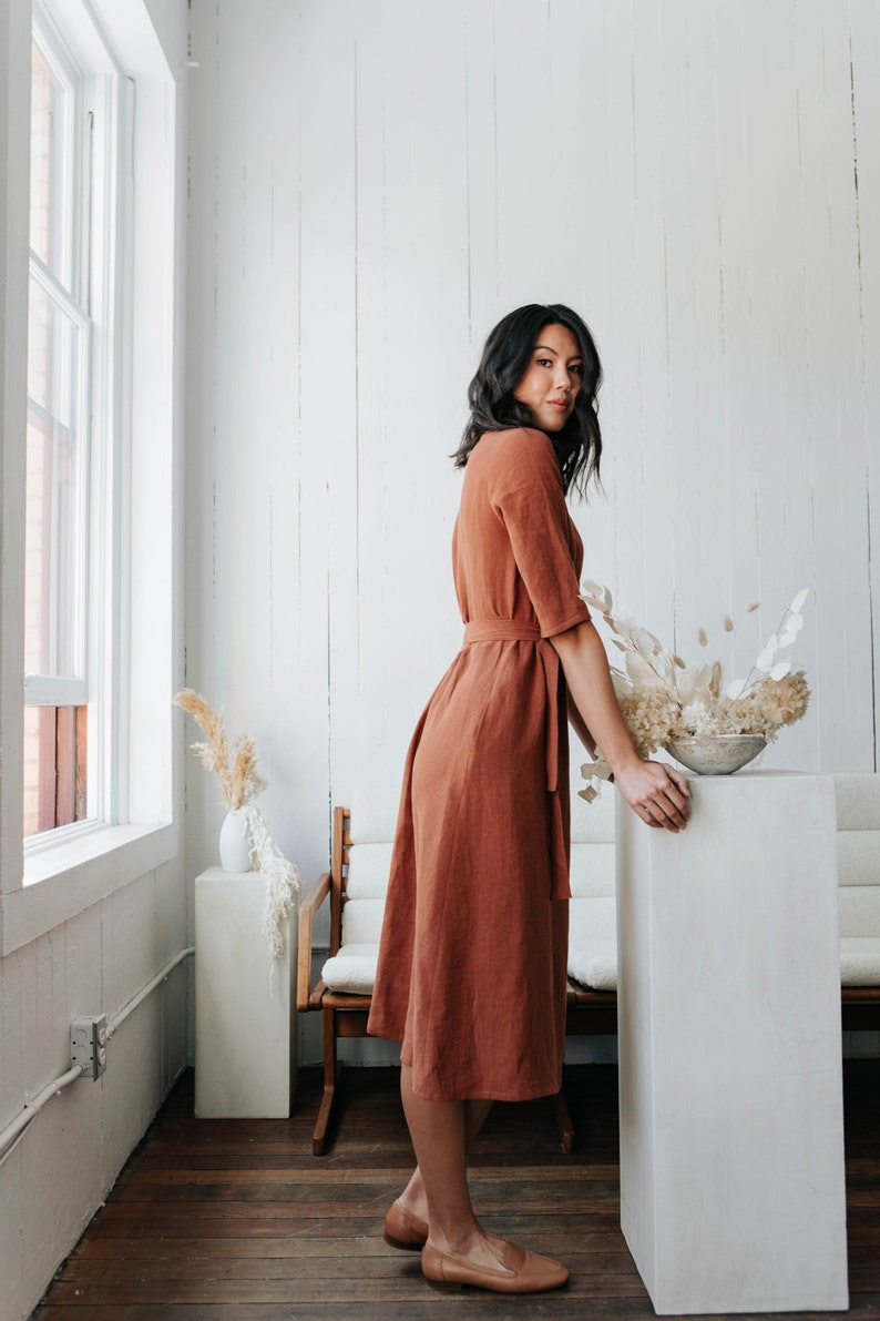 Copper Linen Wrap Dress With Pockets Long Sleeves A Line - Etsy