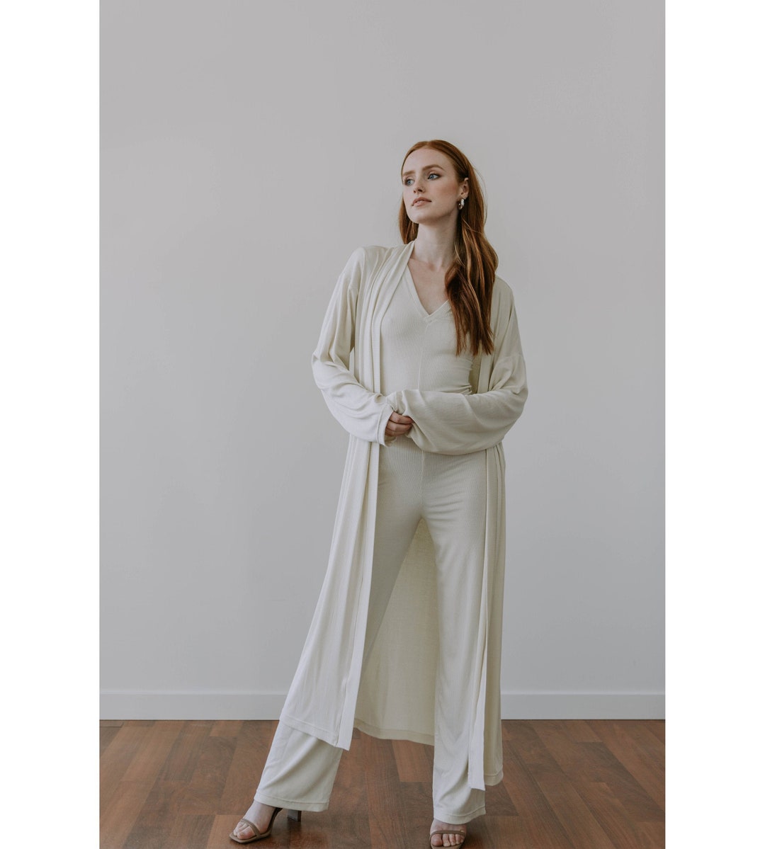 Long Robe Cardigan, Extra Soft Cream Coloured Cardigan, Natural Tencel ...