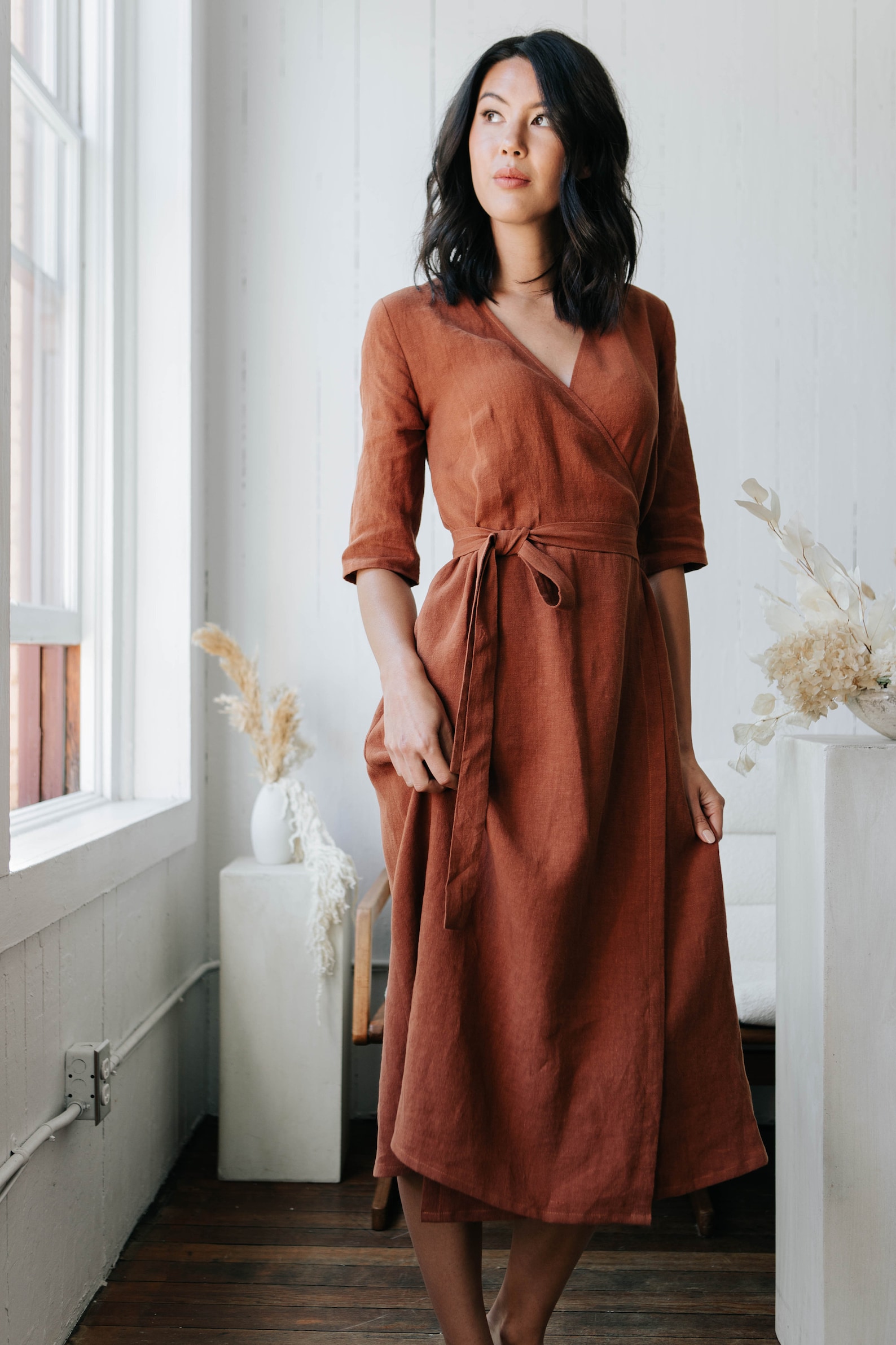 Copper Linen Wrap Dress With Pockets Long Sleeves A Line - Etsy
