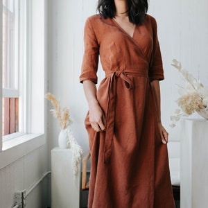 Copper Linen Wrap Dress With Pockets, Long Sleeves, A Line Flared Skirt ...