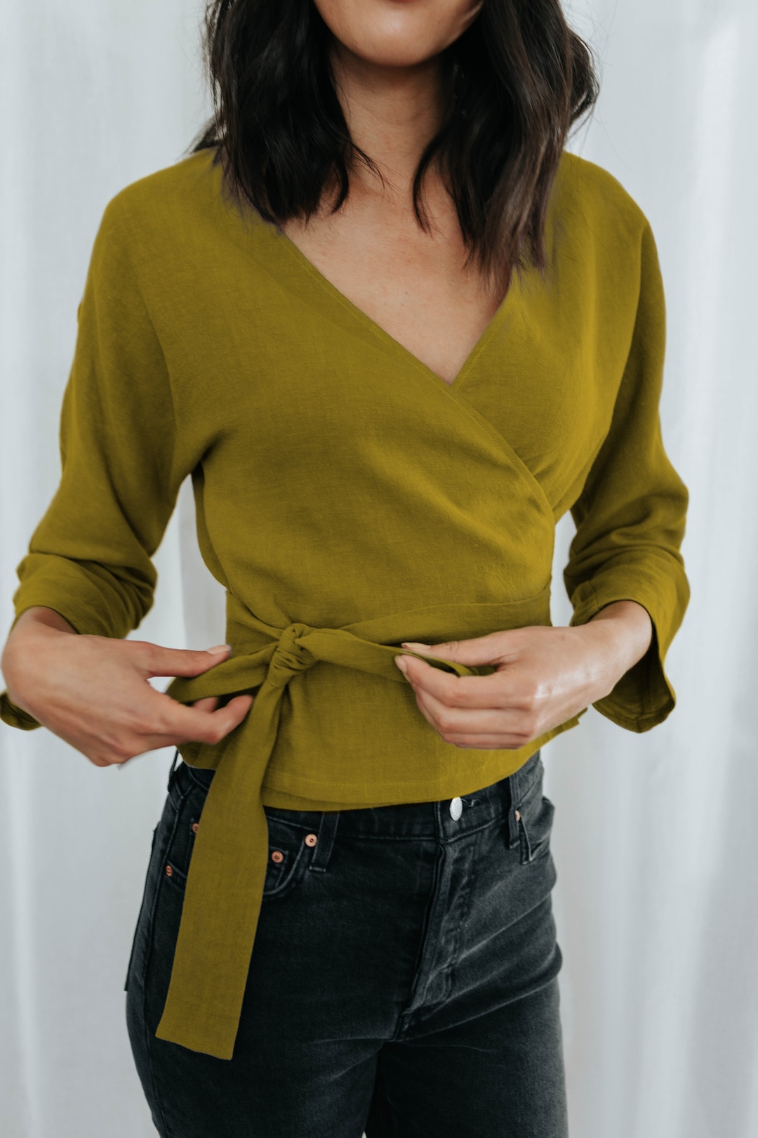 Yellow Linen Wrap Top With Long Sleeves and Belt, Mustard Top, Linen ...