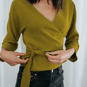 Yellow Linen Wrap Top With Long Sleeves and Belt, Mustard Top, Linen ...