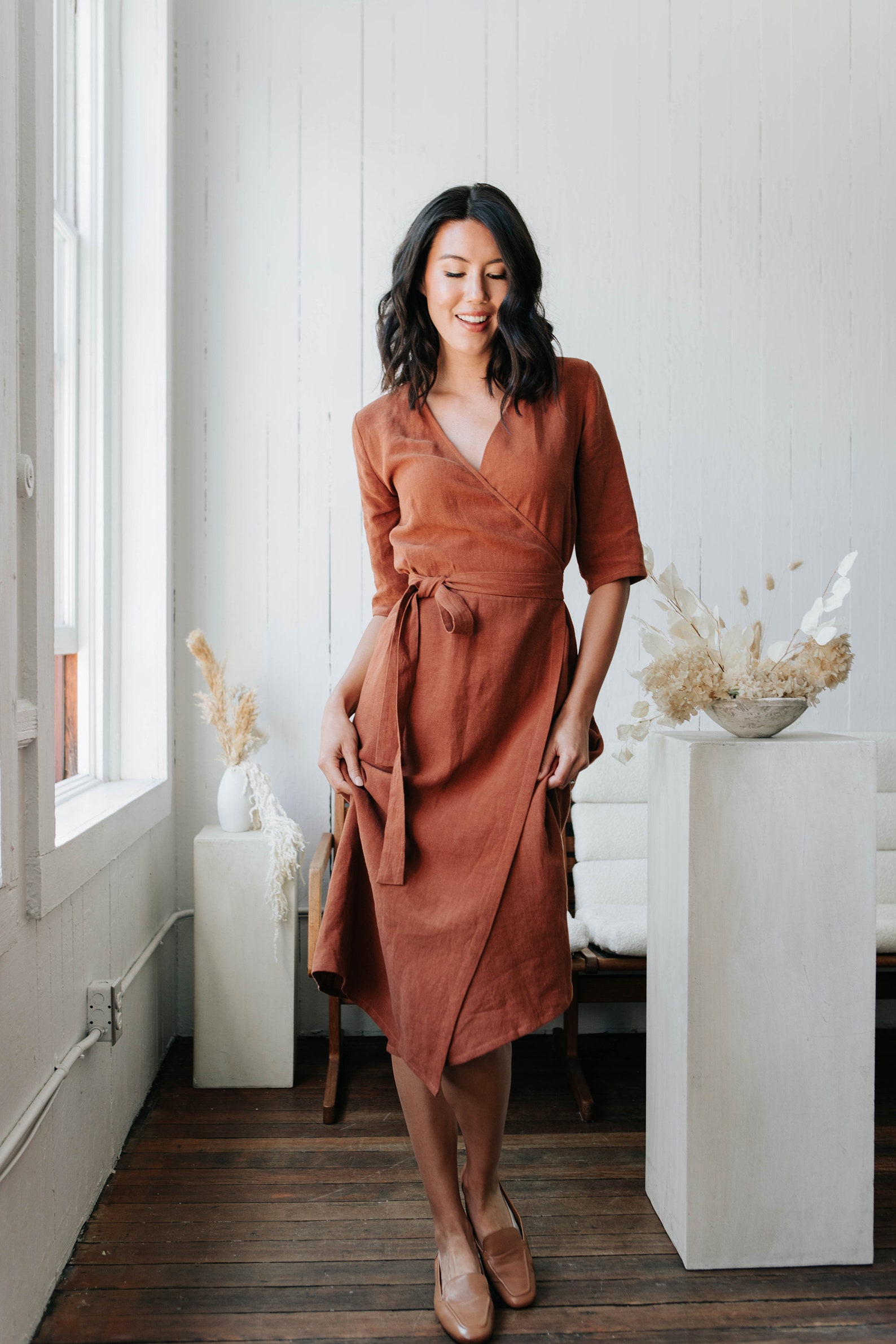 Copper Linen Wrap Dress With Pockets Long Sleeves A Line - Etsy