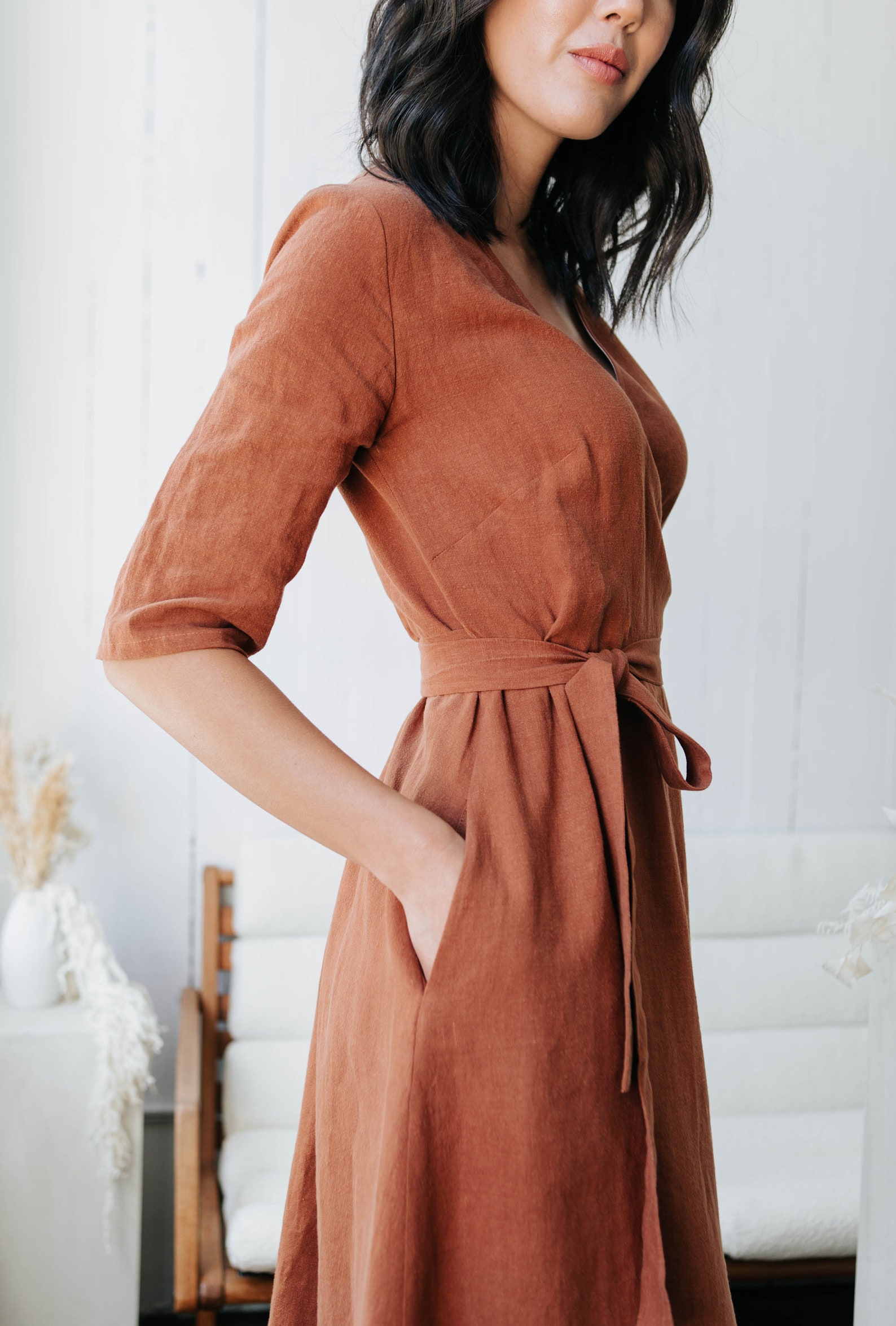 Copper Linen Wrap Dress With Pockets Long Sleeves A Line - Etsy