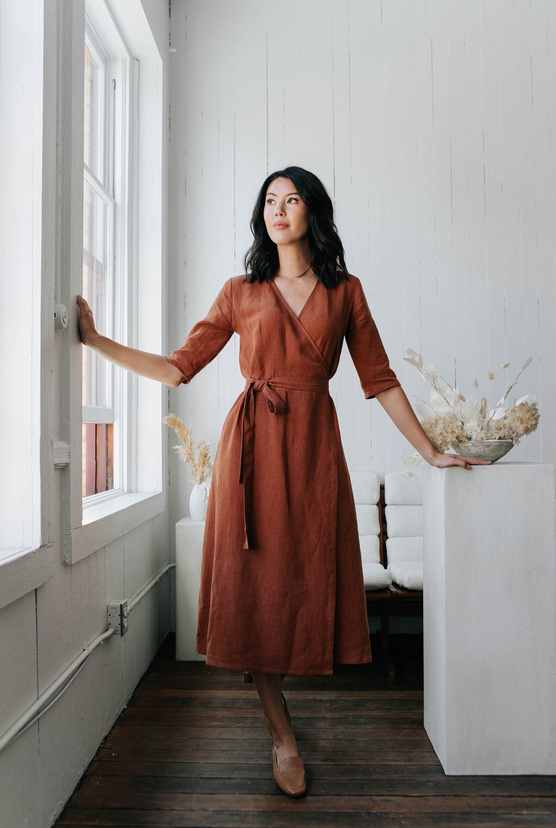 Copper Linen Wrap Dress With Pockets, Long Sleeves, A Line Flared Skirt ...