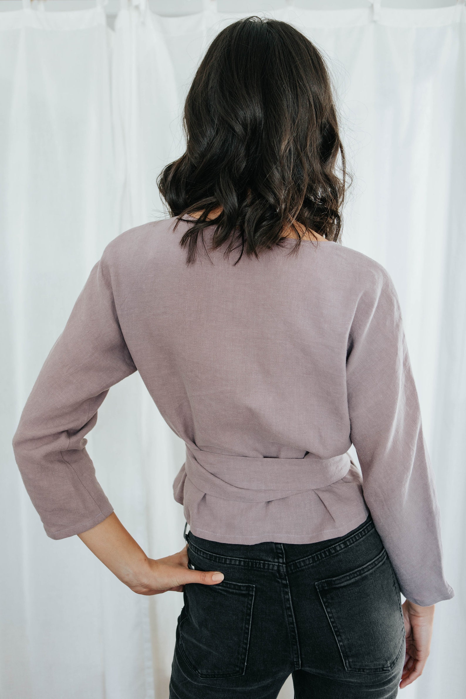 Lavender Linen Wrap Top With Long Sleeves and Belt the - Etsy