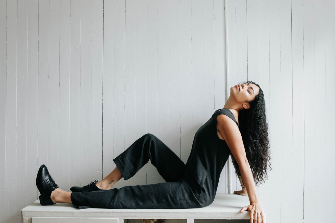 Black Washed Linen Jumpsuit Low Back With Pockets Loose Fit - Etsy Canada