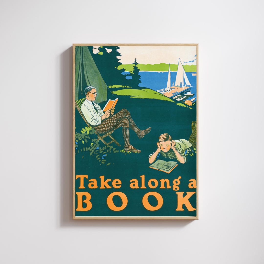 Vintage Reading and Camping Poster | Book Lovers Art | Father and Son ...