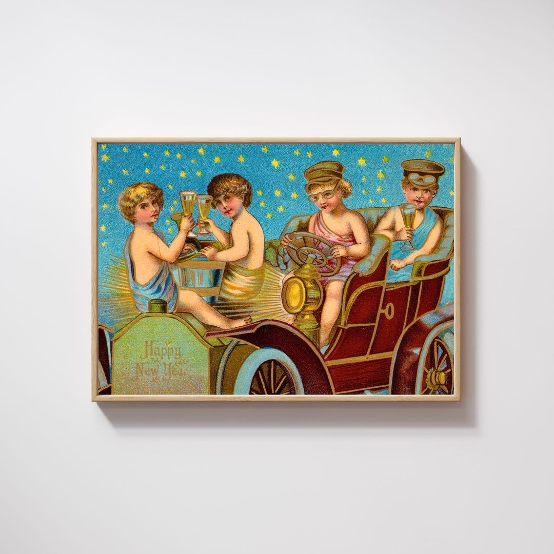 Quirky Vintage Happy New Year Poster Antique Car Festivity Art Print ...