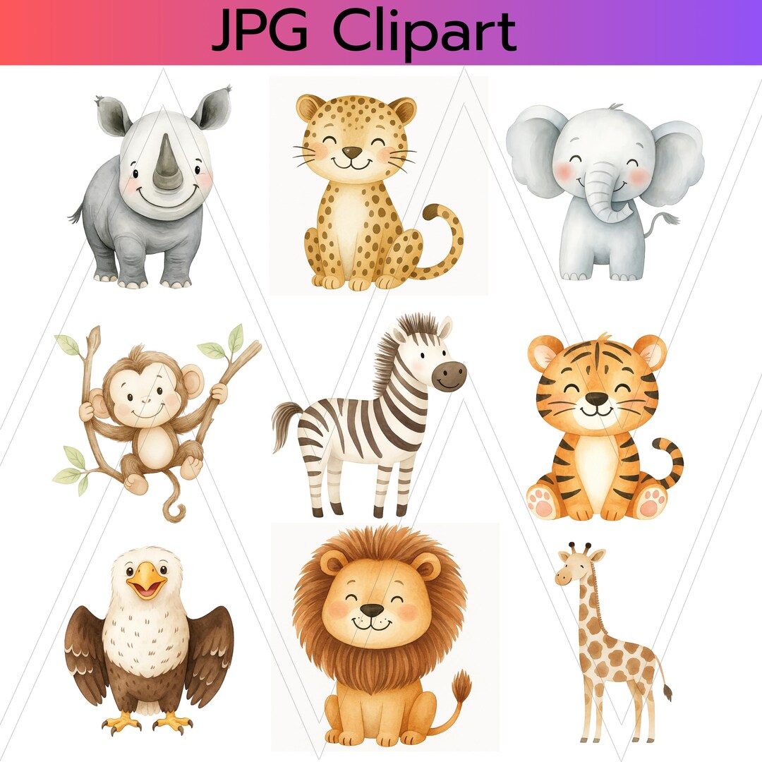 9 Safari Animals Clipart JPG, Lion, Giraffe, Nursery Art, Jungle ...