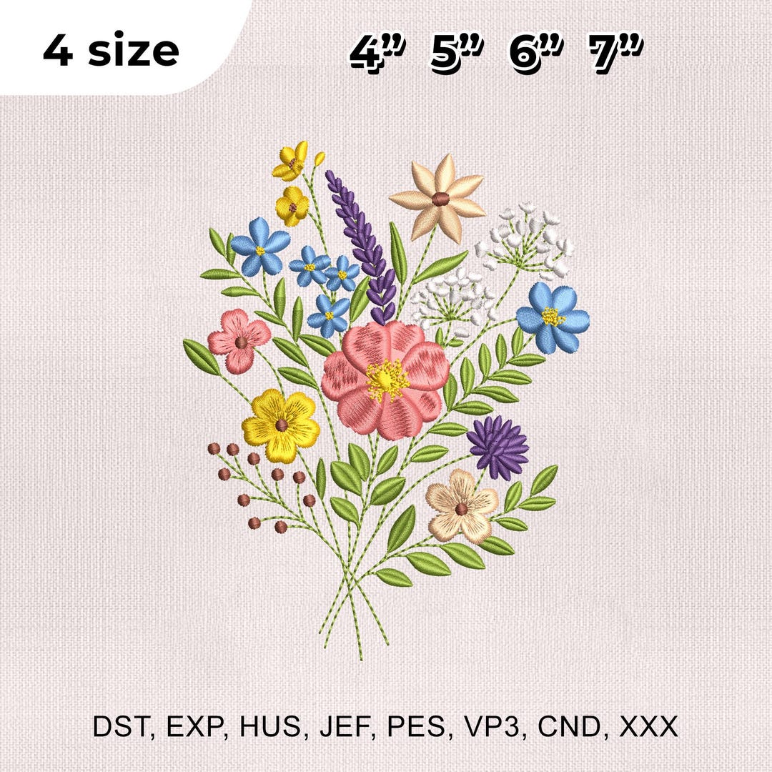 4 Size Wildflower Embroidery Design, Flower Bouquet Embroidery Design ...