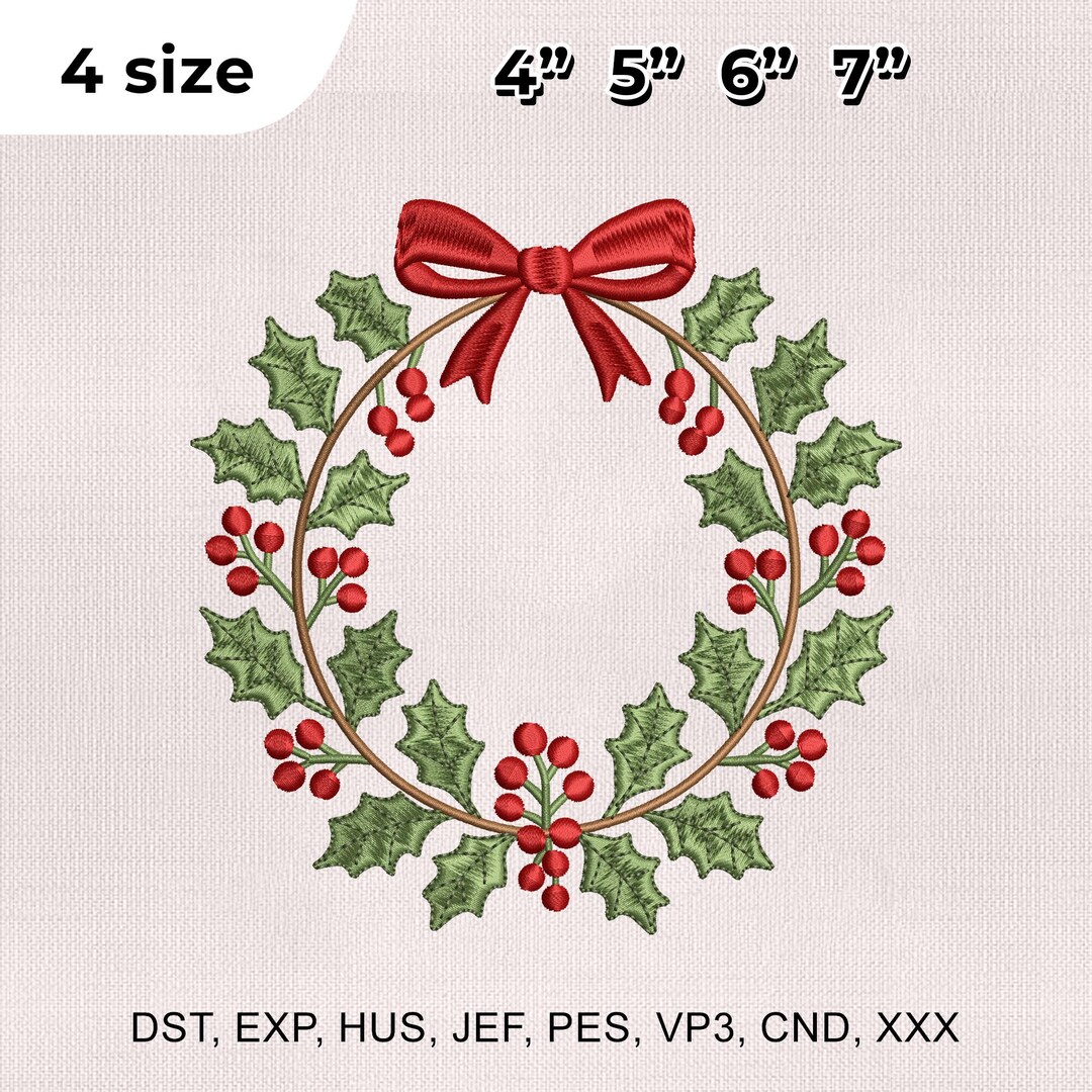 4 Size Elegant Wreath Embroidery Design, Christmas Embroidery Design ...