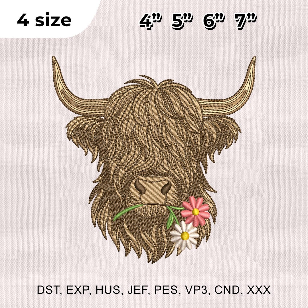 4 Size Highland Cow Embroidery Design, Highland Cow Flower Embroidery ...