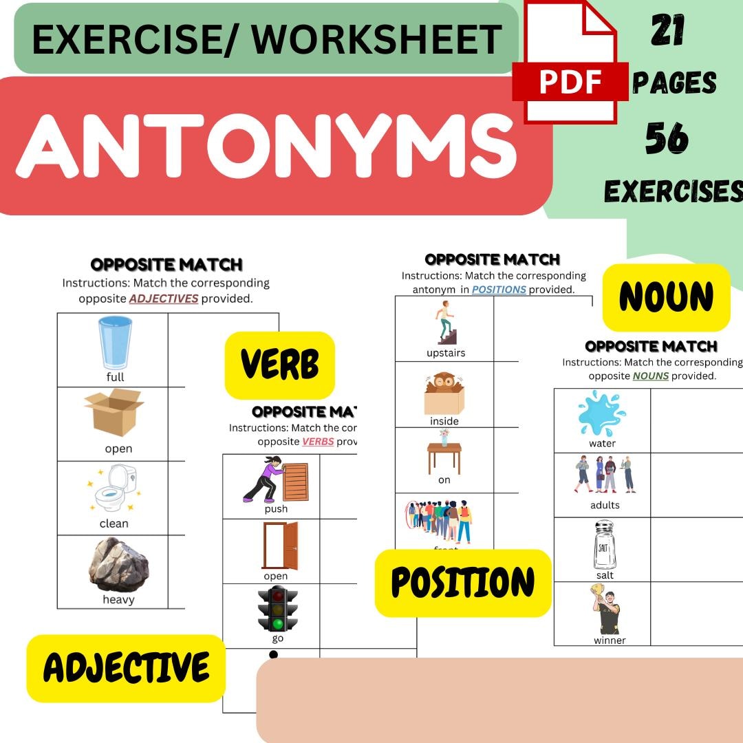 Antonym Worksheet Bundle -match Opposites, Cut and Match Activities ...
