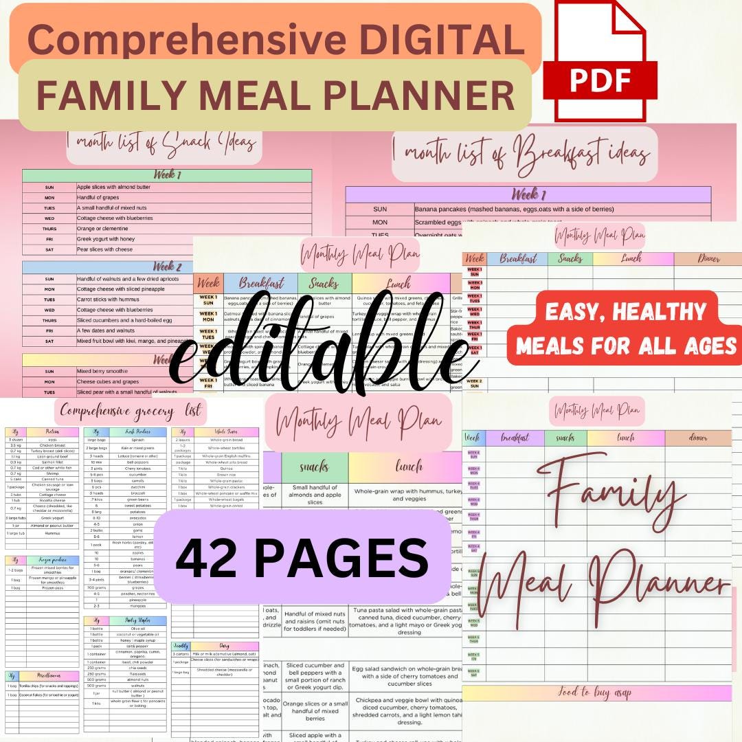 Editable Family Meal Plan With Grocery List | Monthly Weekly Templates ...