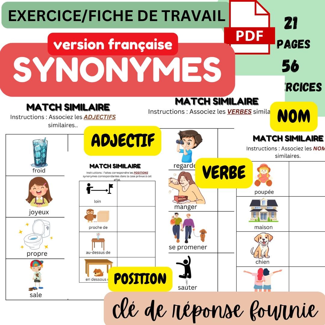 French Synonym Worksheets, Vocabulary Practice (digital Download) - Etsy