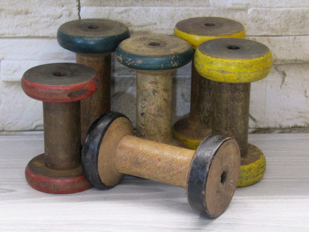 Set of 6 Vintage 3 Colored End Wooden Industrial Textile Bobbins Spools ...