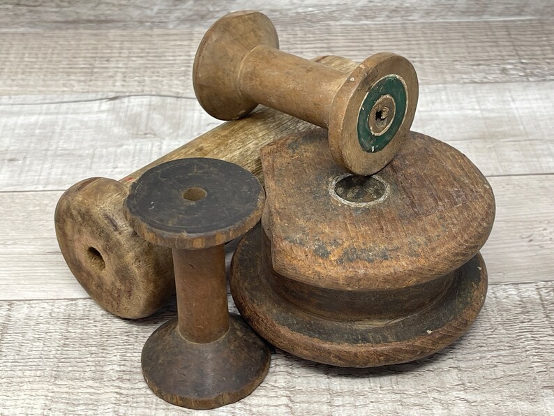 Set of 4 Assorted Vintage Wooden Industrial Textile Bobbins Spools Flat ...