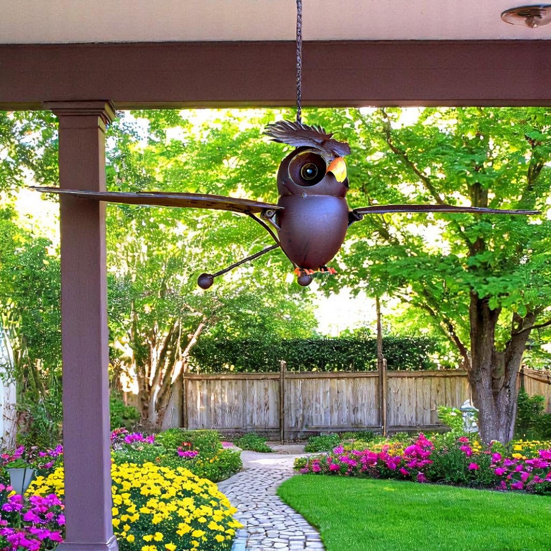 Hanging Whimsical Rustic Metal Flapping Wing Owl Bird on Chain Yard ...