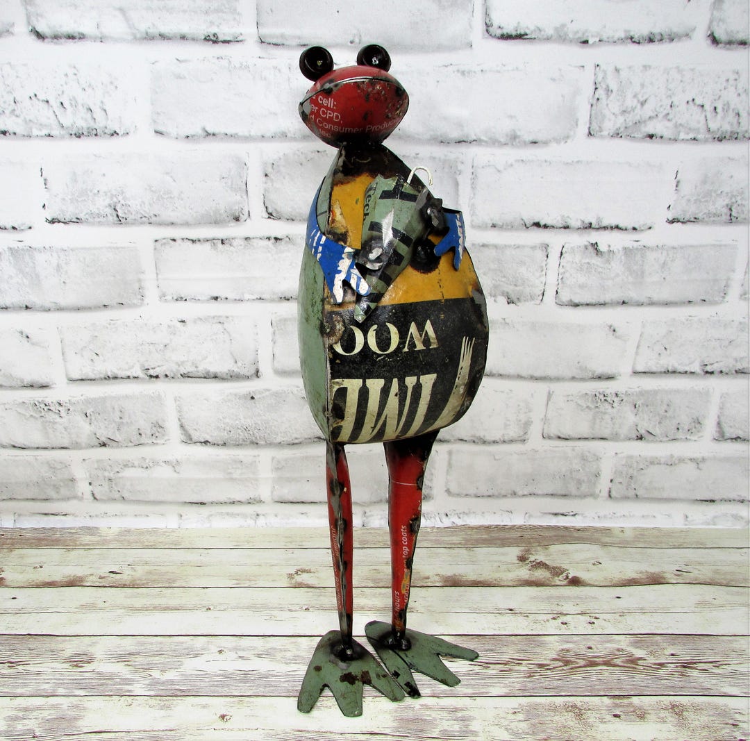 Rustic 15" Repurposed Recycled Colorful Vintage Scrap Metal Frog W ...