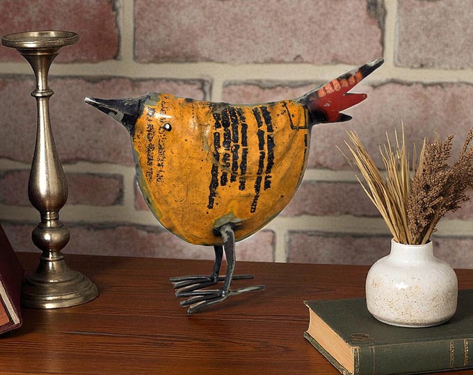 Rustic Repurposed Recycled Vintage Scrap Metal Yellow Bird Statue Home ...